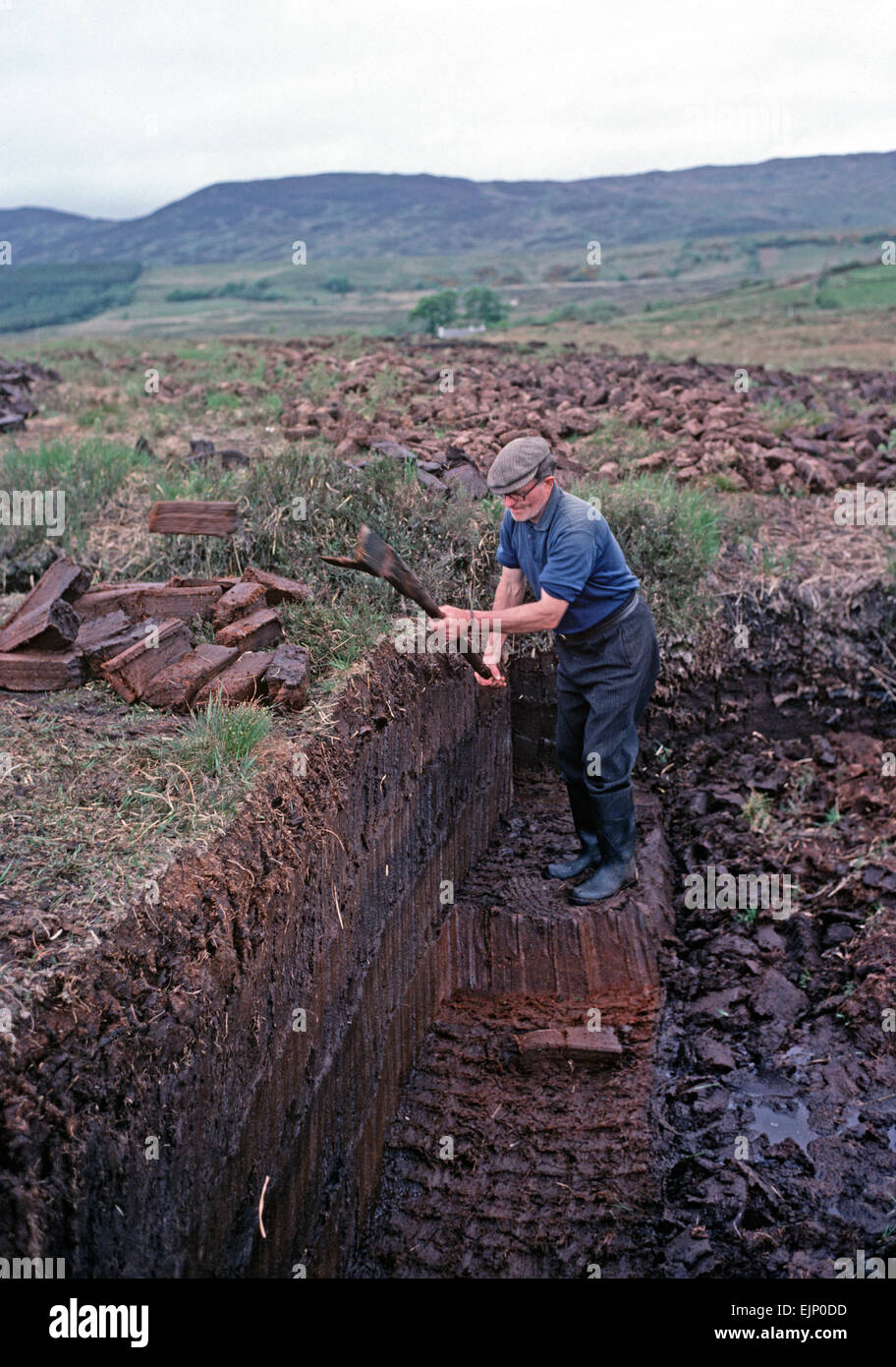 Blue Stack Mountains farmer cutting peat, Donegal, Ireland Stock Photo ...