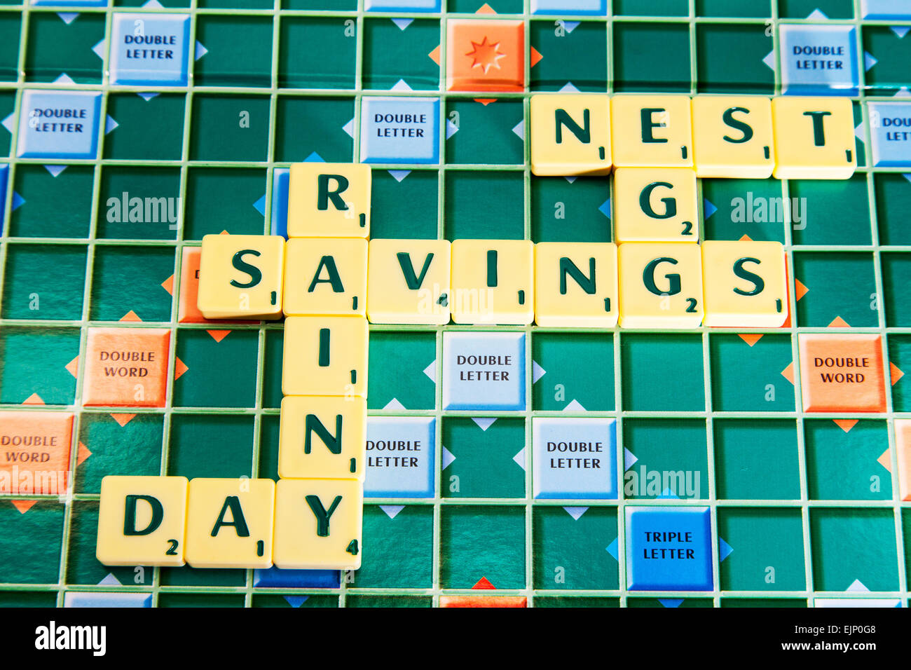 Scrabble tiles used to spell out words nest egg savings for rainy day ...