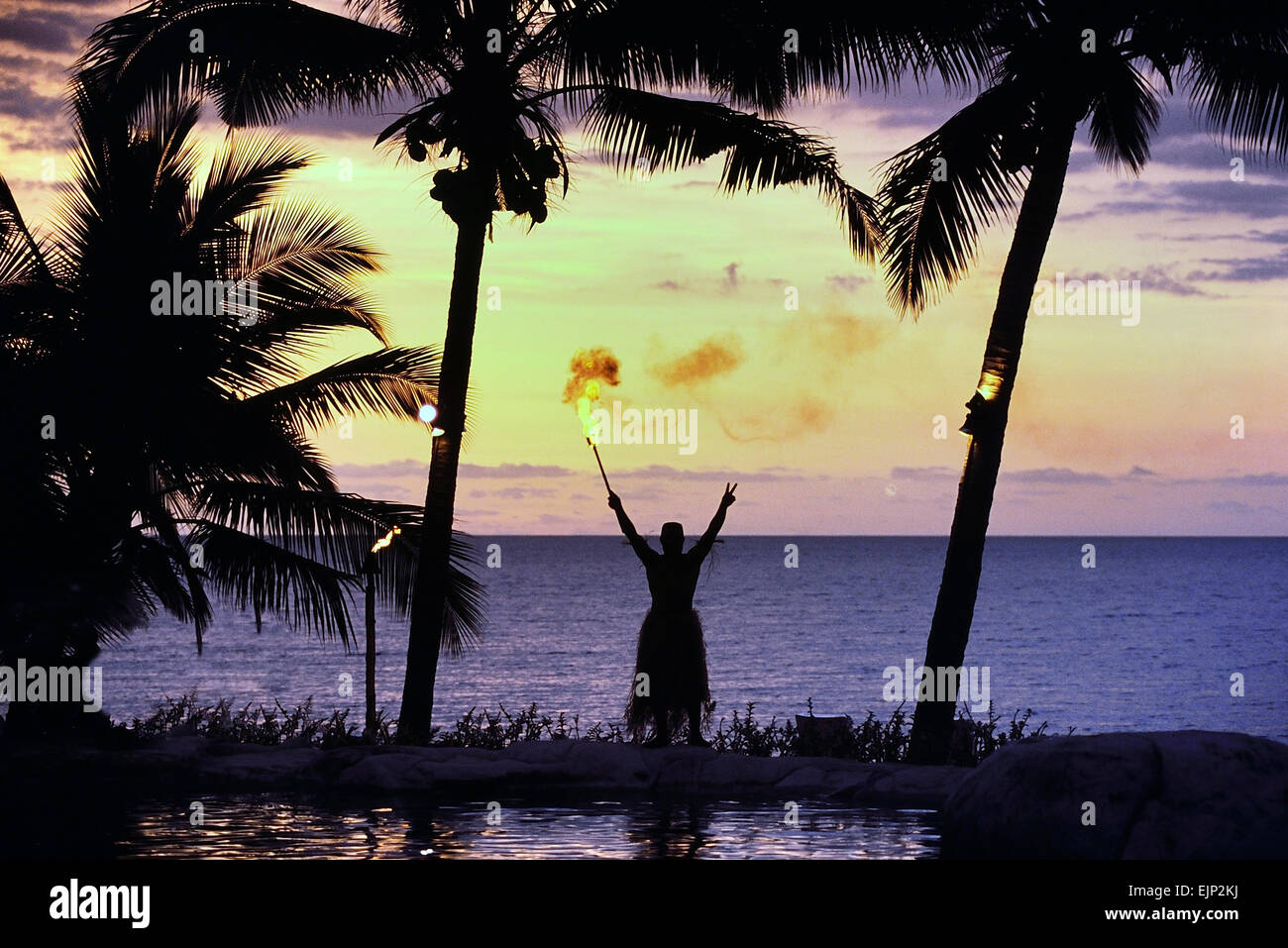 Traditional Fijian sunset torch lighting ceremony. Fiji Pacific Stock ...