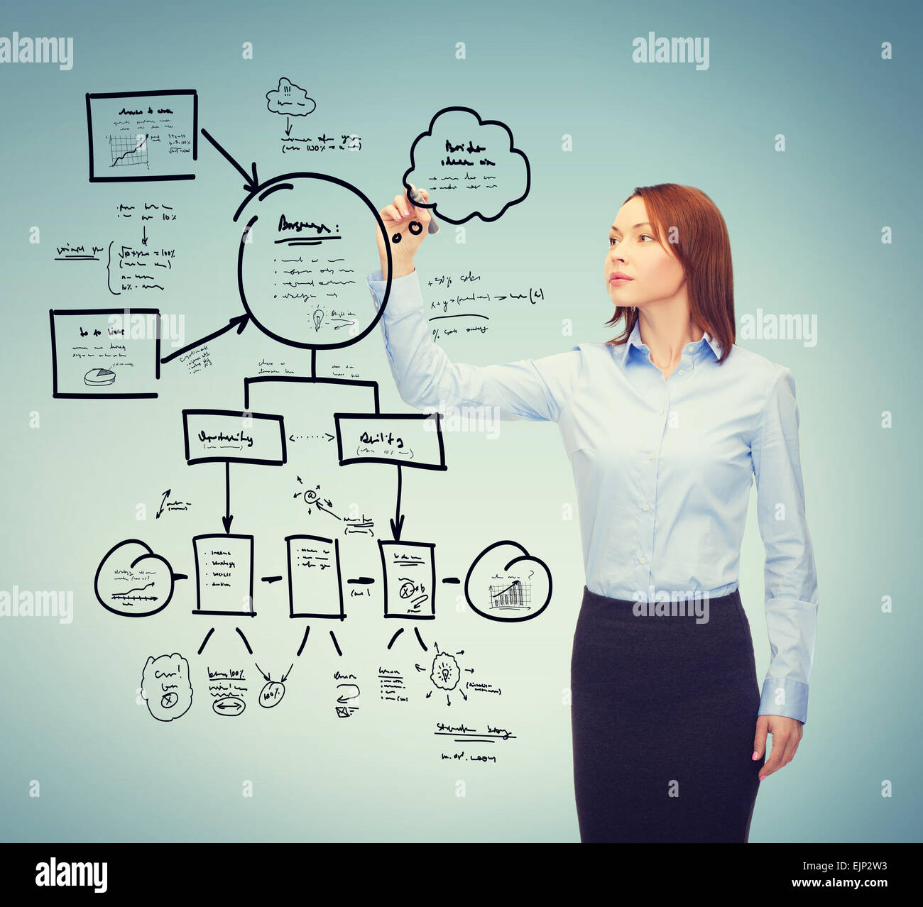 businesswoman drawing plan on virtual screen Stock Photo - Alamy