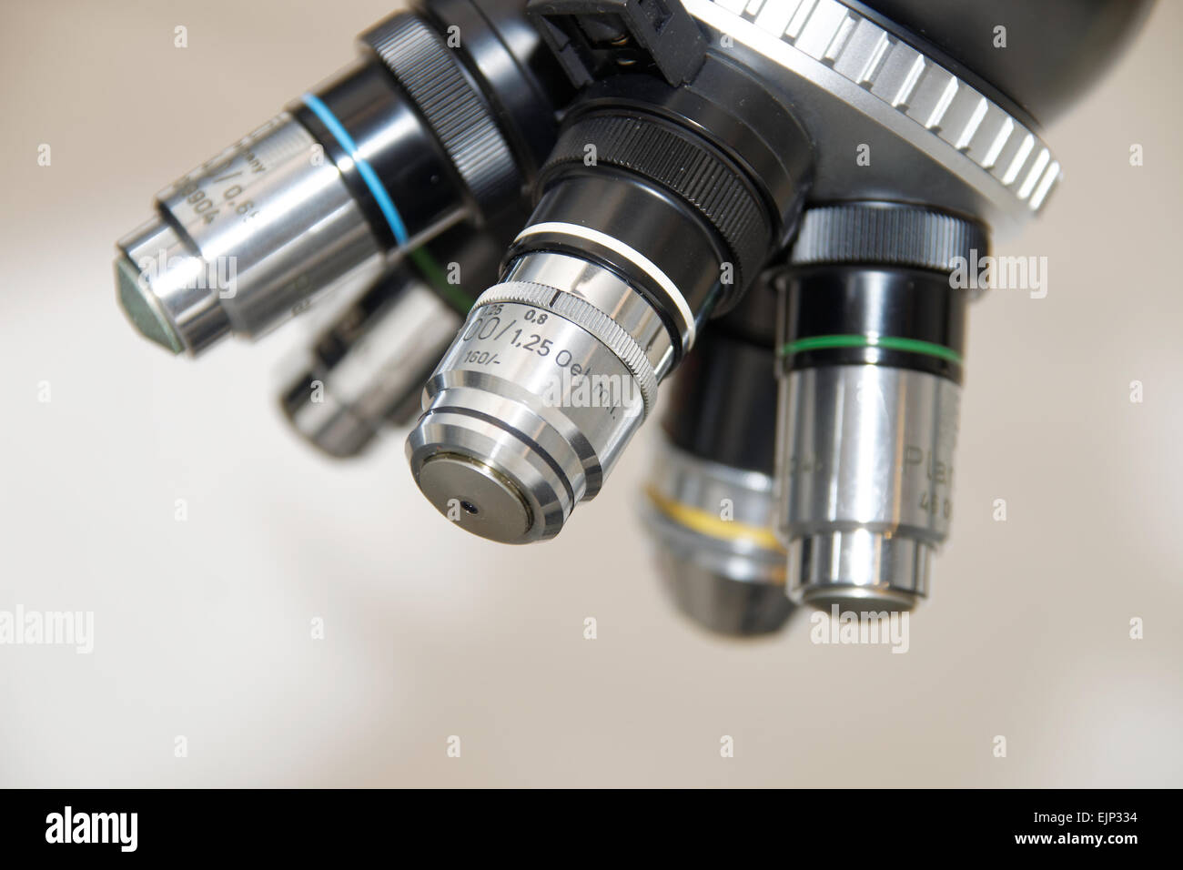 Close up of microscope lenses with soft focus on bright background ...