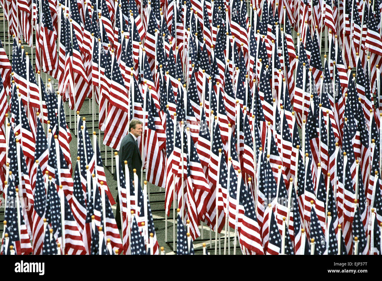 A man walks through the Healing Field flag display near the Pentagon ...