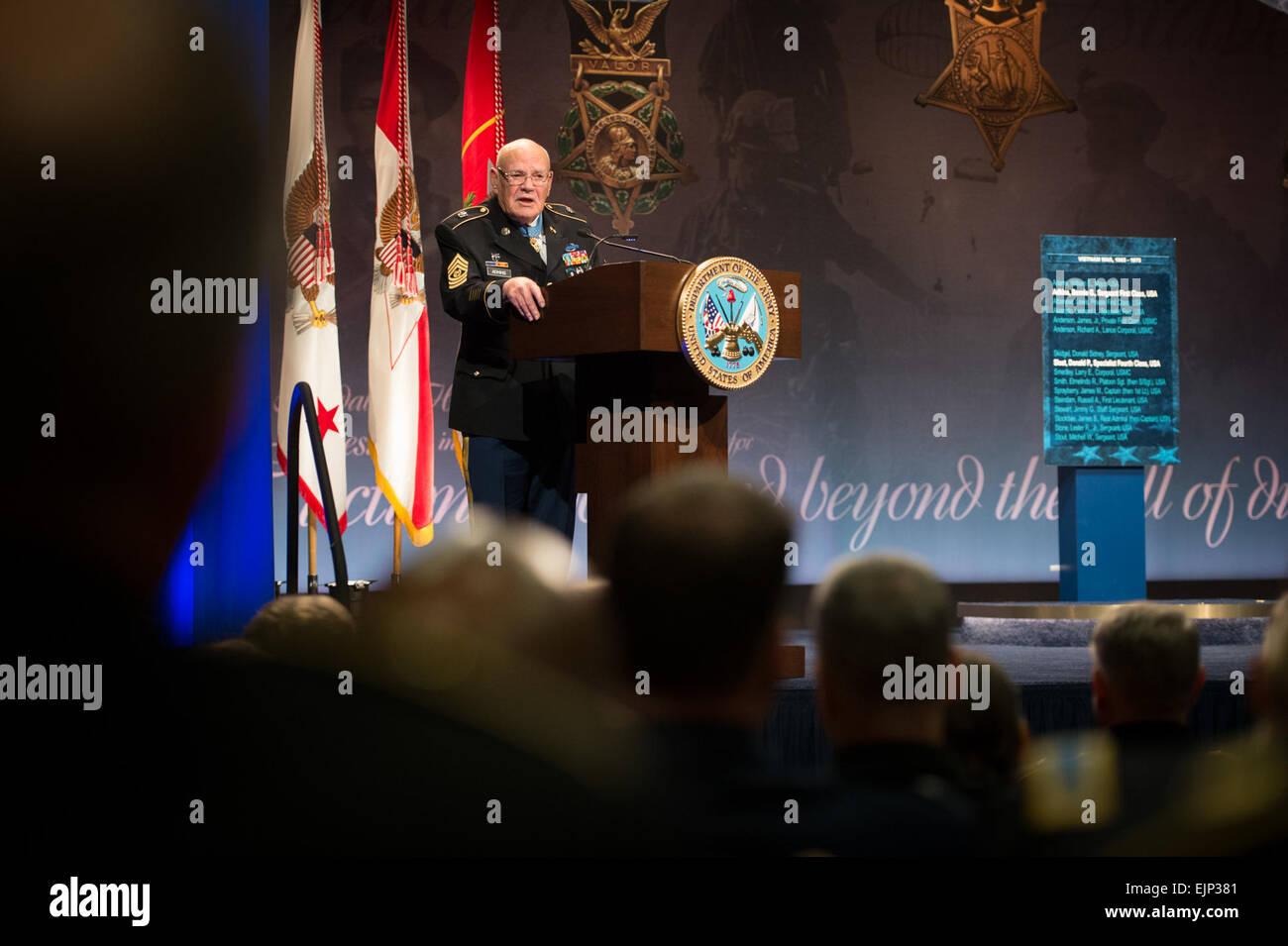 Retired Command Sgt. Maj. Bennie G. Adkins speaks after receiving the Medal of Honor citation ...