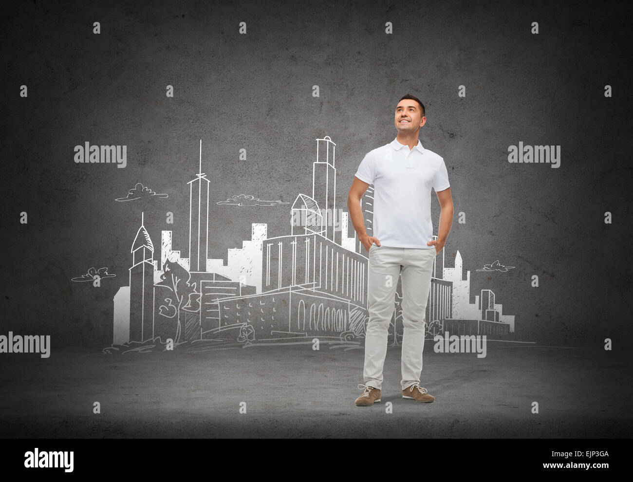smiling man over city sketch background Stock Photo - Alamy