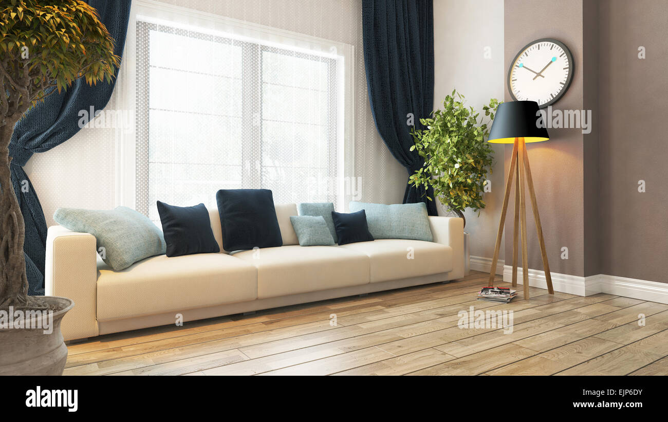 living room or saloon interior design rendering Stock Photo - Alamy