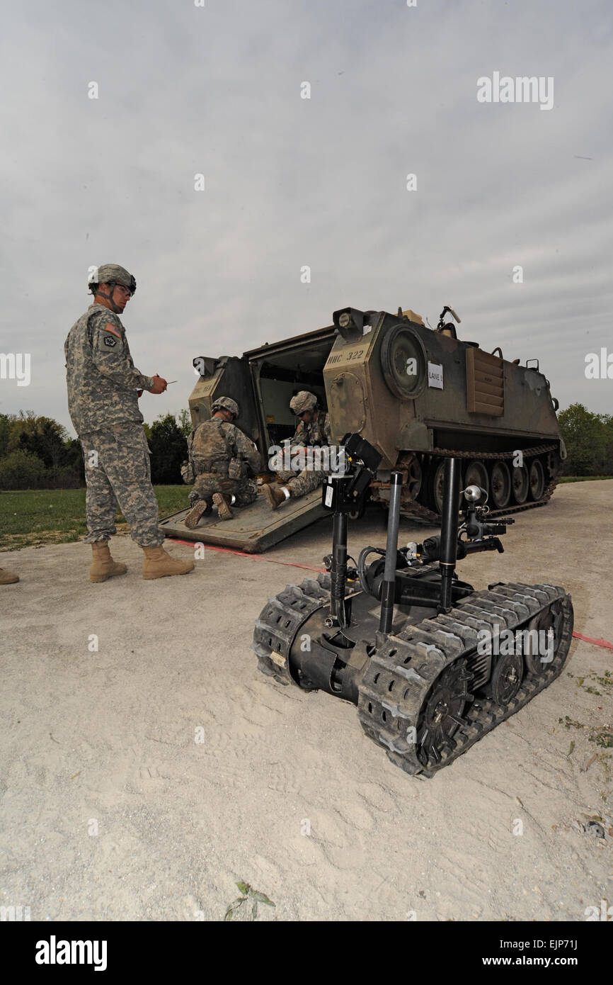 Capt. Joe Byrnes, 554th Engineer Battalion, prepares a Talon robot ...