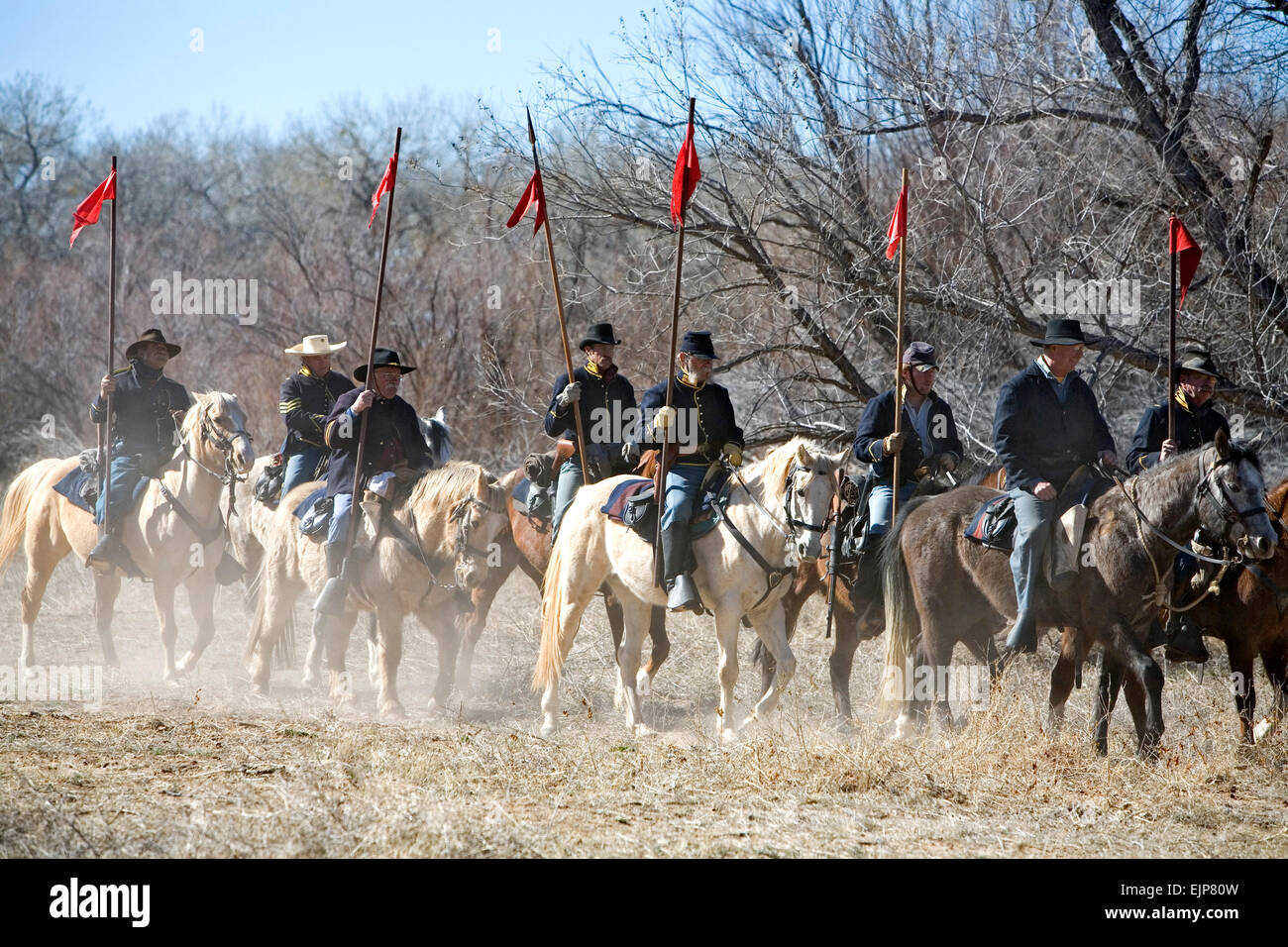 Union Army cavalry on the move, Civil War reenactment, near Socorro ...