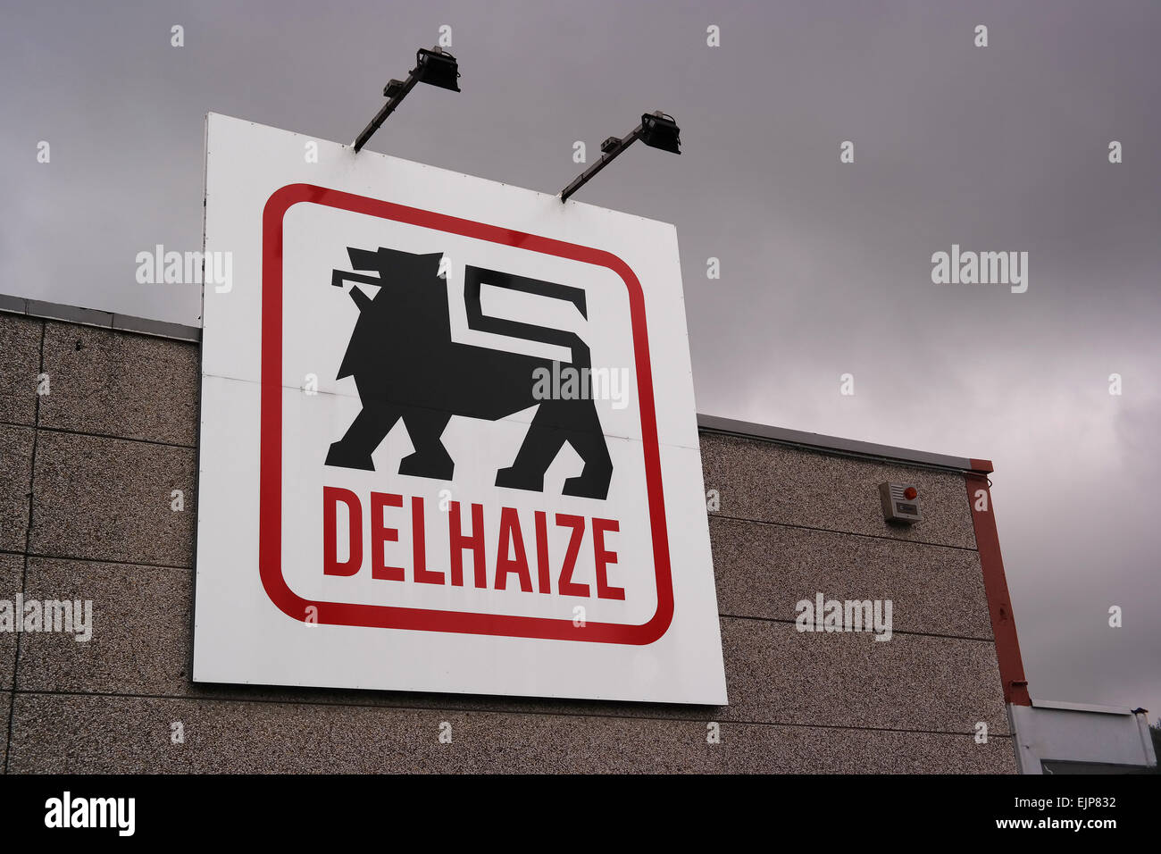 WALLONIA, BELGIUM - OCTOBER 2014: Logo of a Delhaize supermarket, part ...