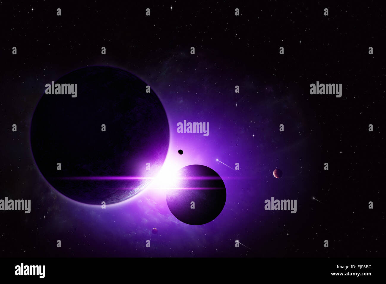 abstract imaginary deep space eclipse illustration with planets and ...