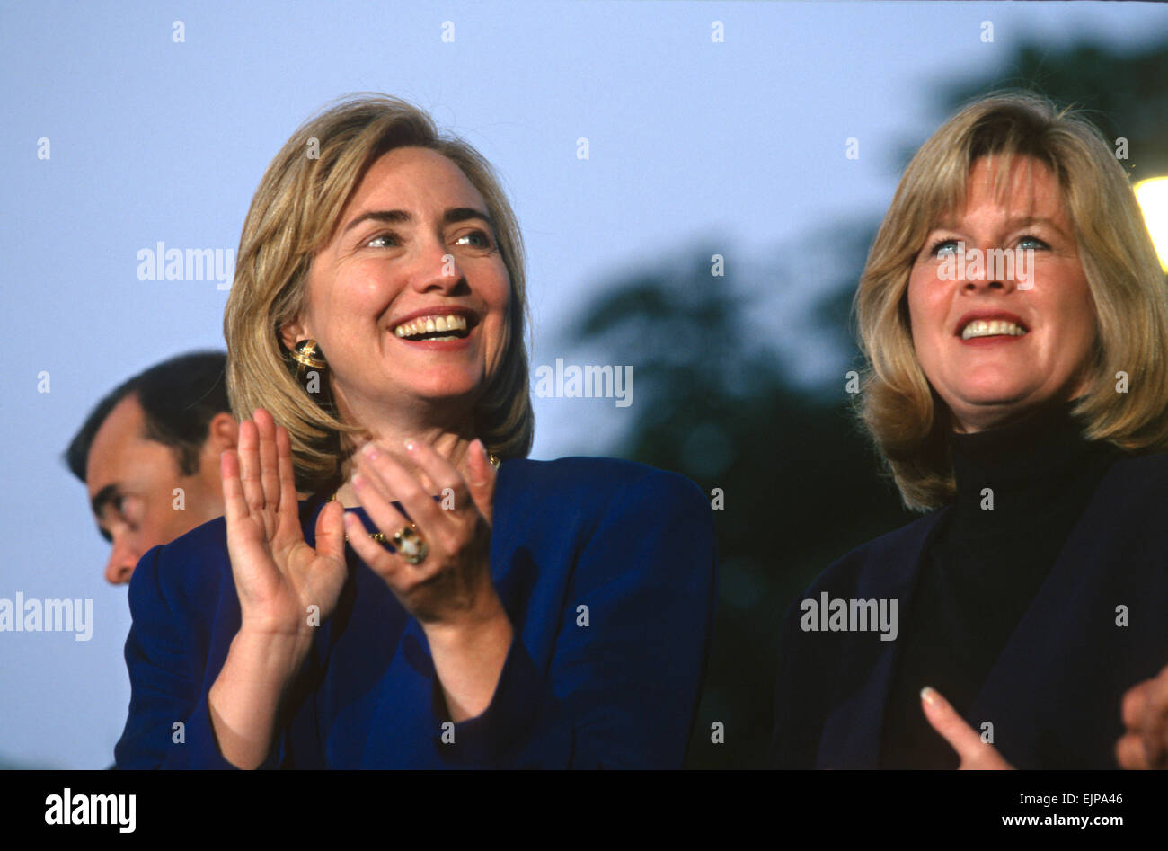 US First lady Hillary Clinton and Tipper Gore during a campaign stop on ...