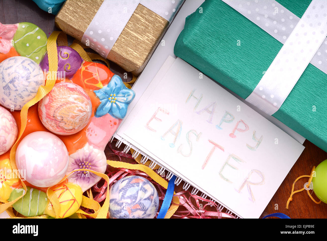 Easter background with eggs and gift box Stock Photo - Alamy