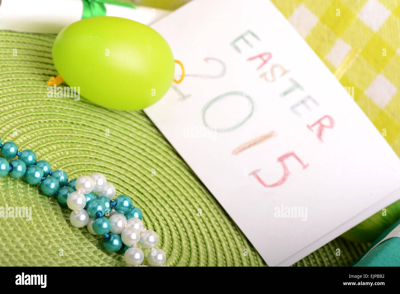 Easter background with eggs and gift box Stock Photo - Alamy