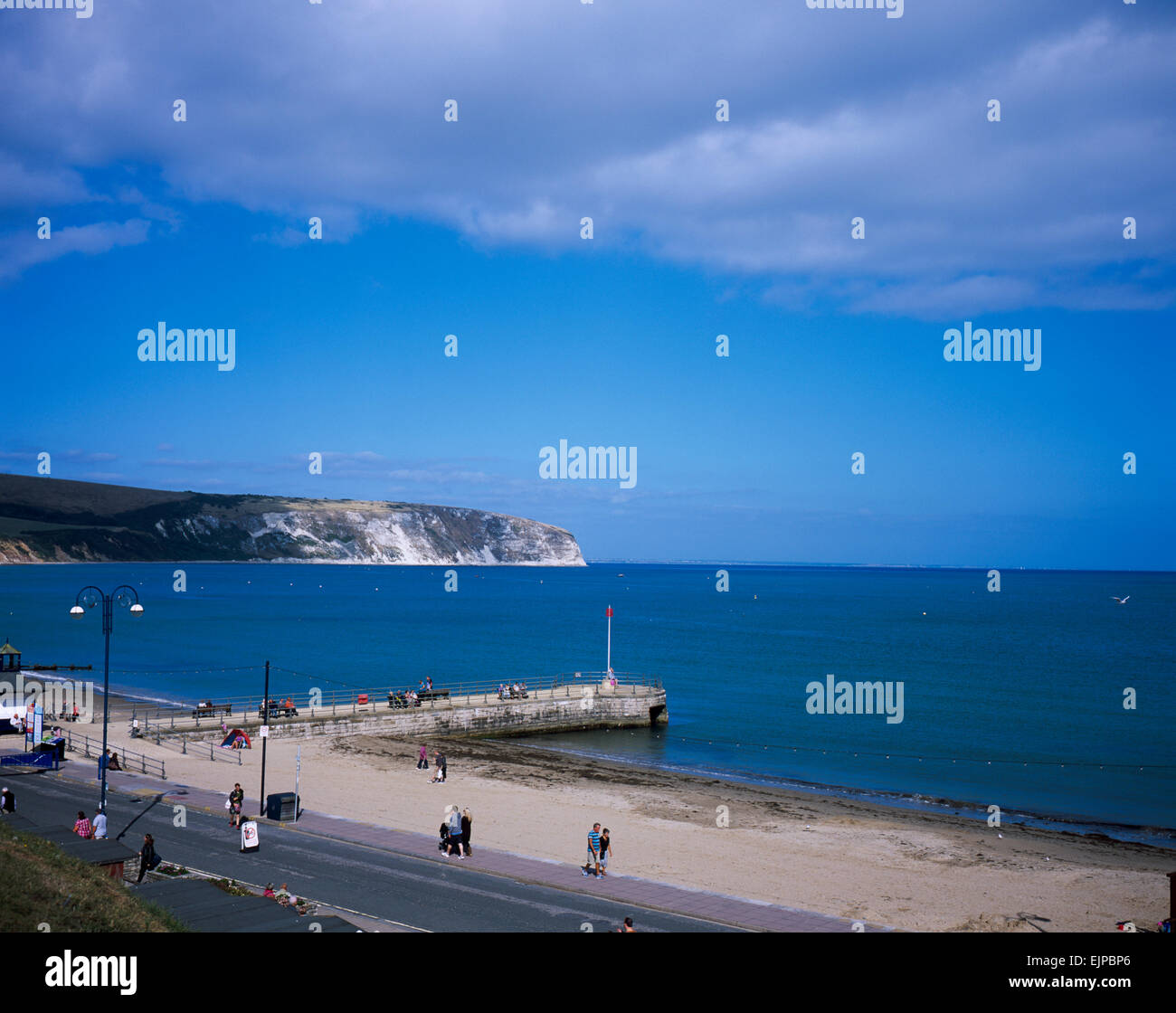 The beach and seafront at the town and holiday resort of Swanage Isle ...