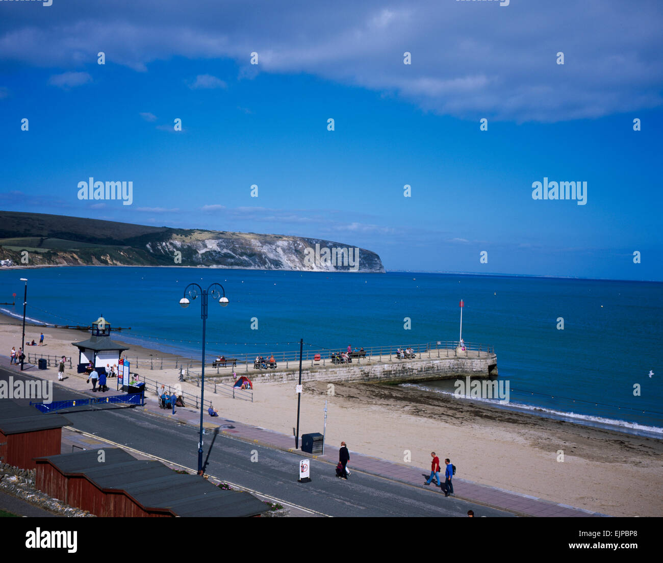 The beach and seafront at the town and holiday resort of Swanage Isle ...