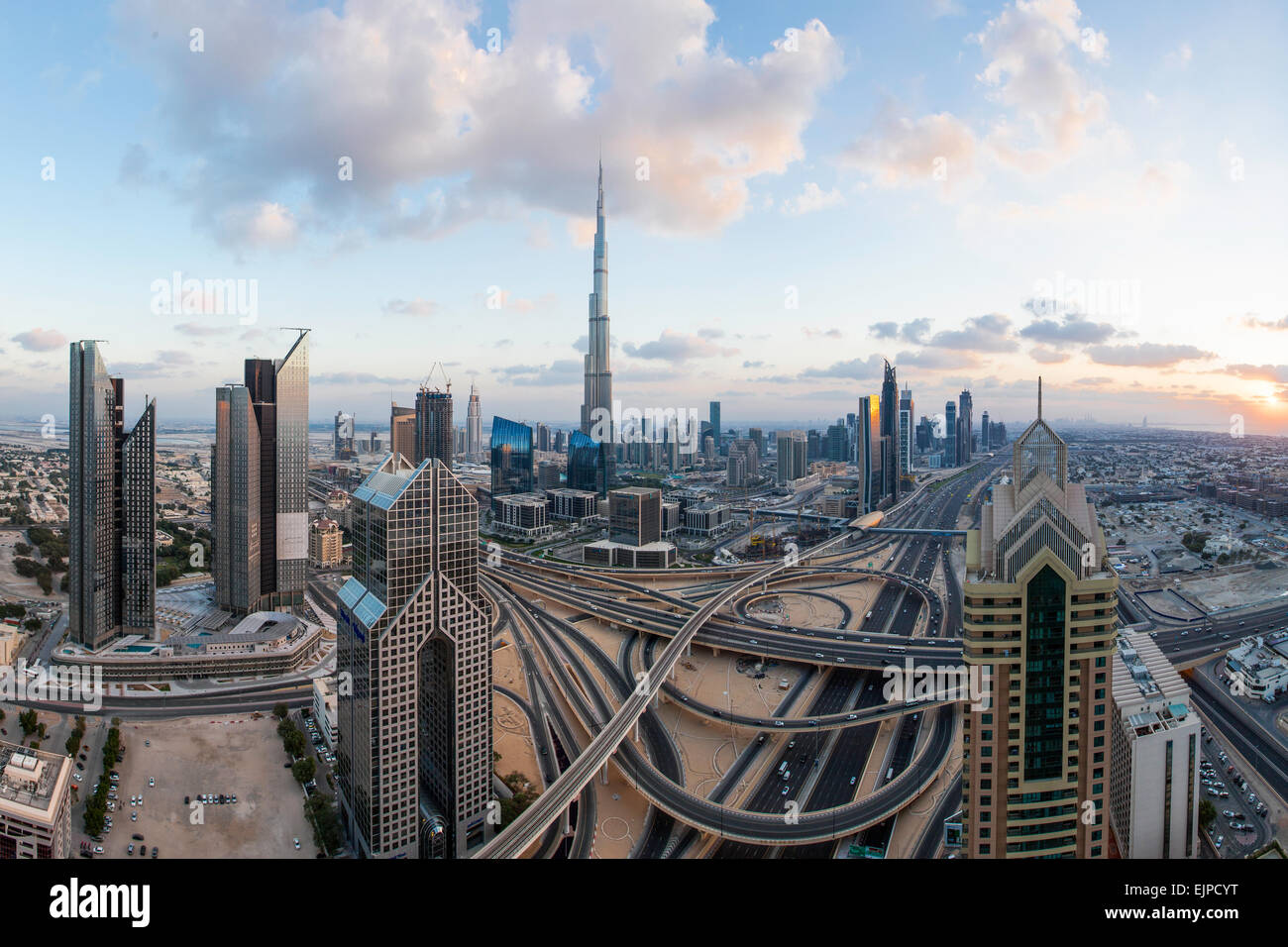 Burj Khalifa Dubai UAE elevated view with Sheikh Zayed Road Interchange ...