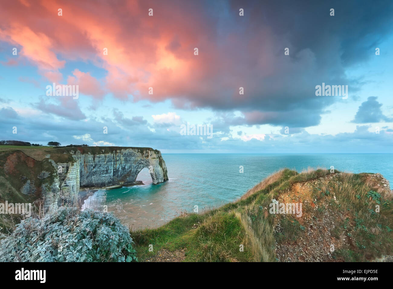 beautiful sunrise on Atlantic ocean coast, Etretat, France Stock Photo ...