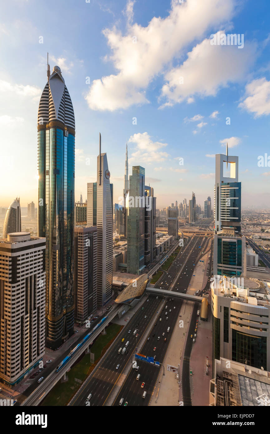 Dubai, UAE, new high rise buildings and traffic on Sheikh Zayed Rd ...