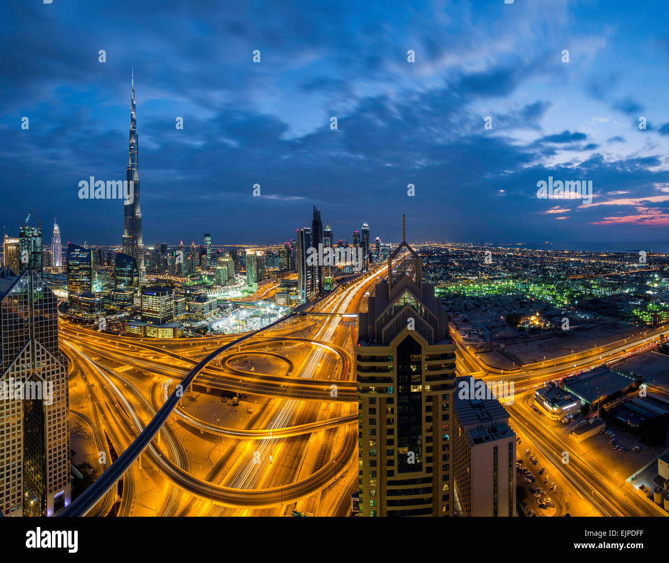 Burj Khalifa Dubai, elevated view across Sheikh Zayed Road and ...