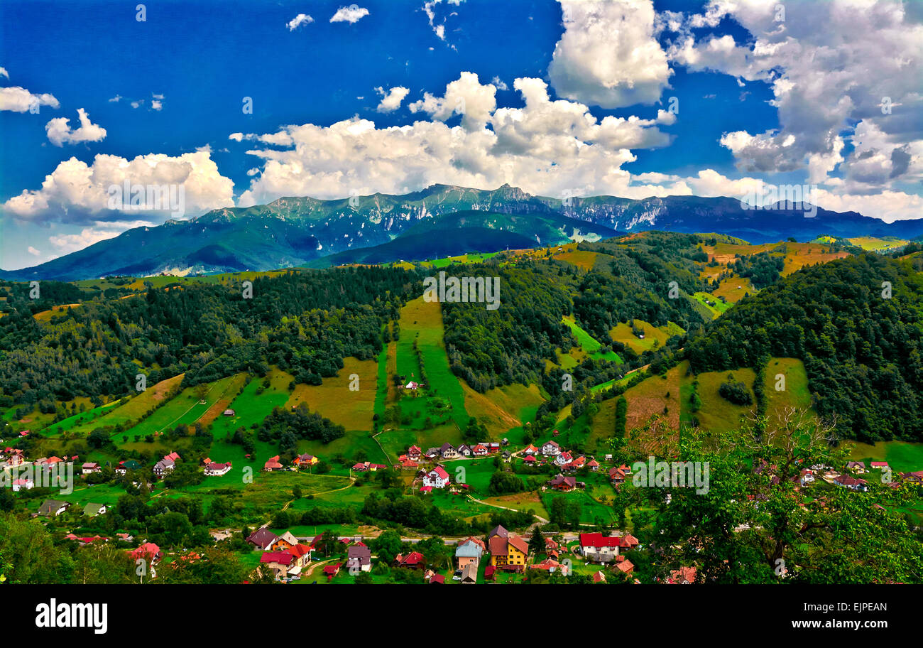 Landscape with Bucegi Mountains and Moeciu Village, Romania Stock Photo ...