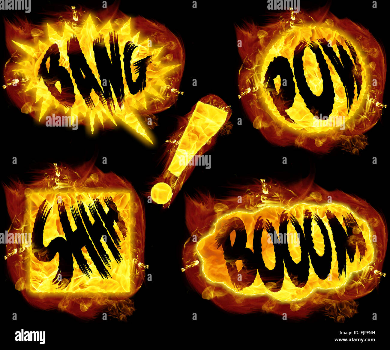 Fire bang boom pow shhh and exclamation mark ! Stock Photo - Alamy