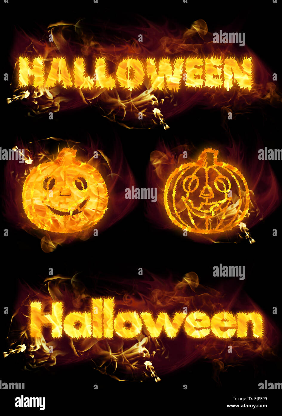 Fire on burning Halloween text and flaming pumpkins Stock Photo - Alamy