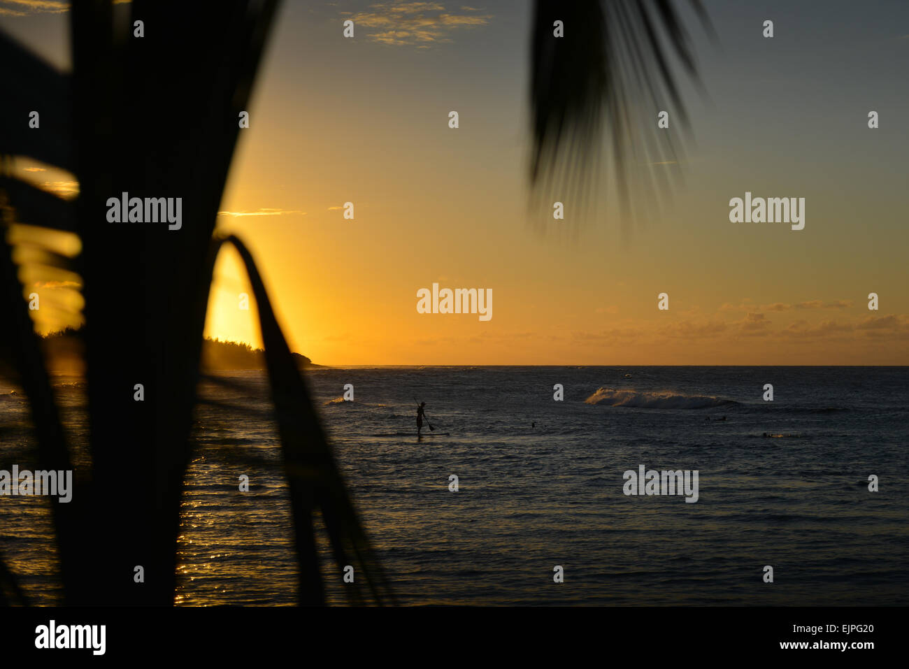 Silhouette of a man on a paddle board during a stunning sunset at Jobos ...
