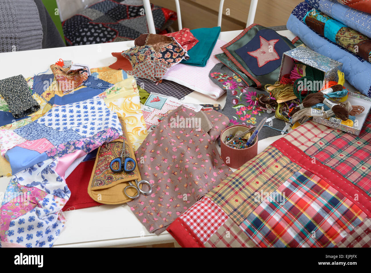workshop of a seamstress with fabric and patchwork Stock Photo - Alamy