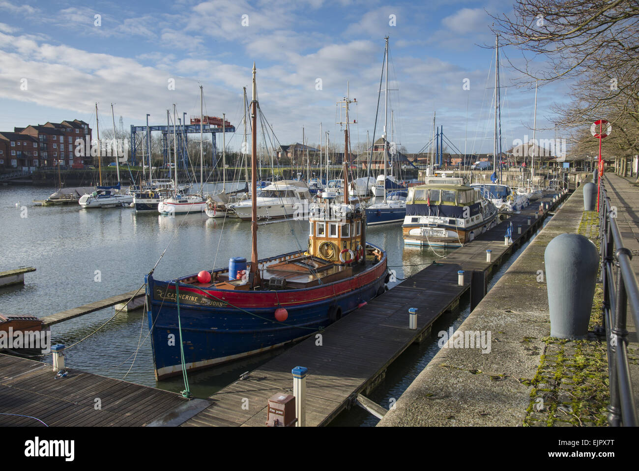 Boats moored at marina, River Ribble, Preston Dock, Preston, Lancashire ...