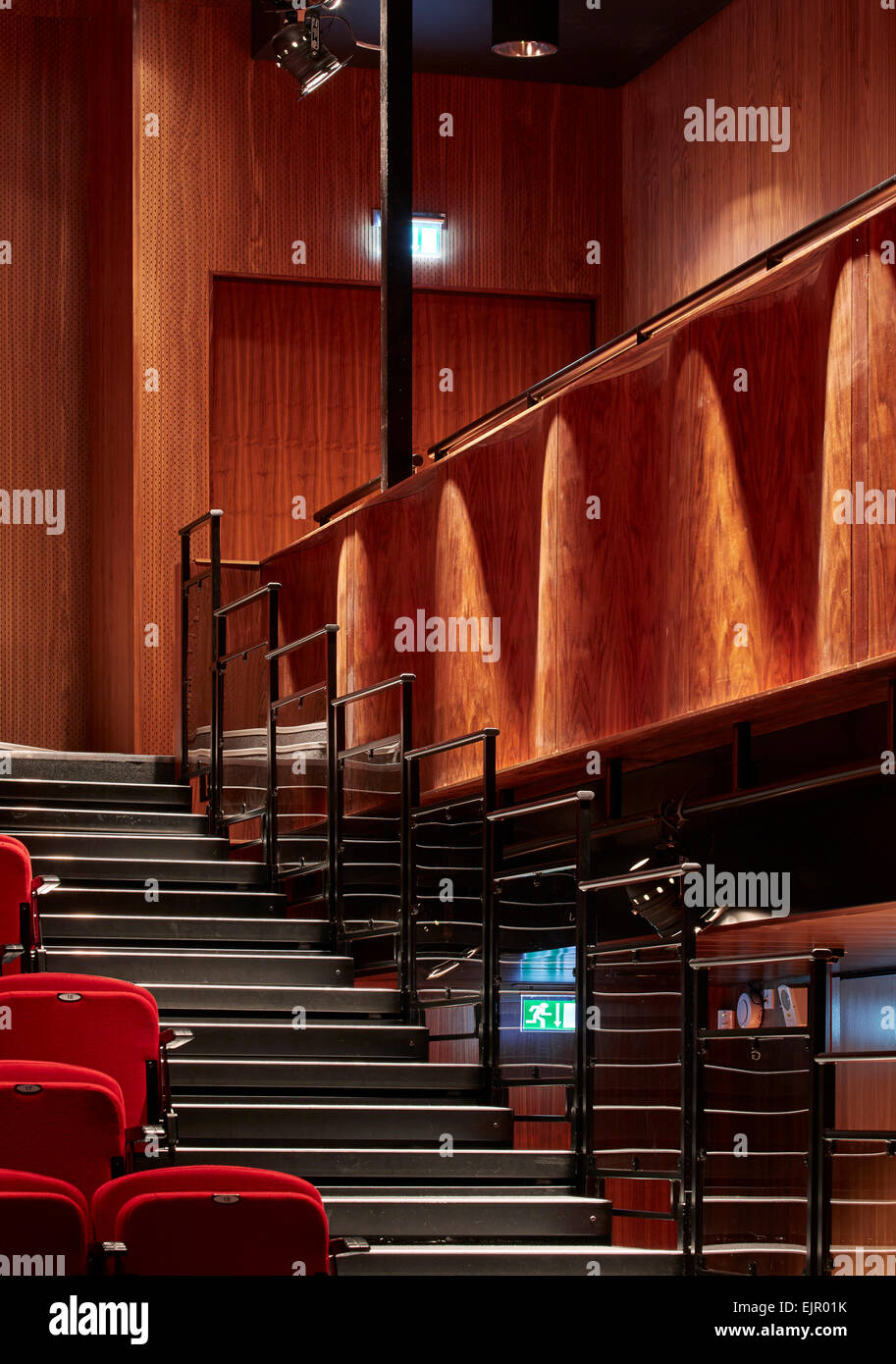 Detailed view retractable bleachers and acoustic walnut baffle. Lady ...