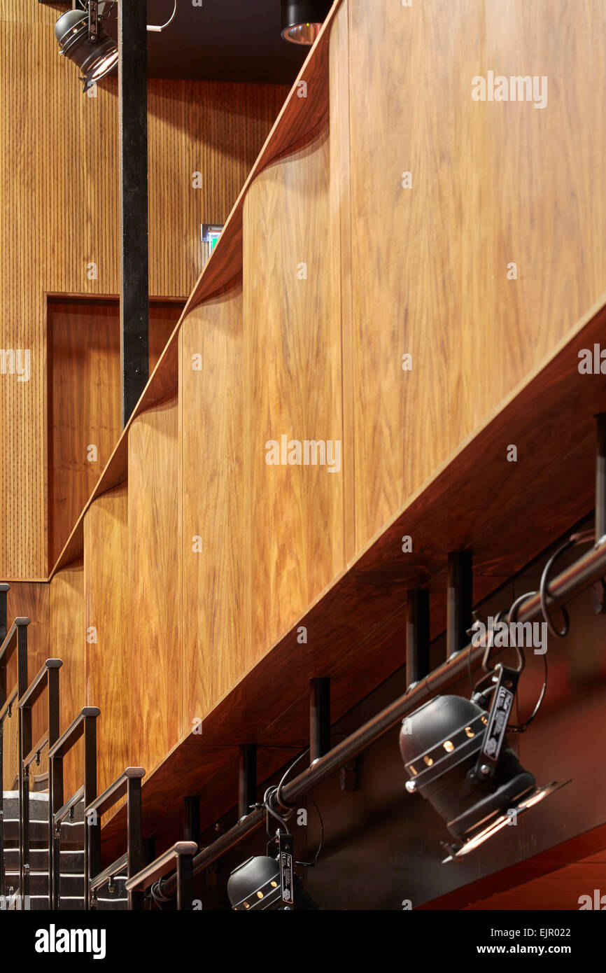 Detailed view of acoustic walnut baffle and stage lighting. Lady ...