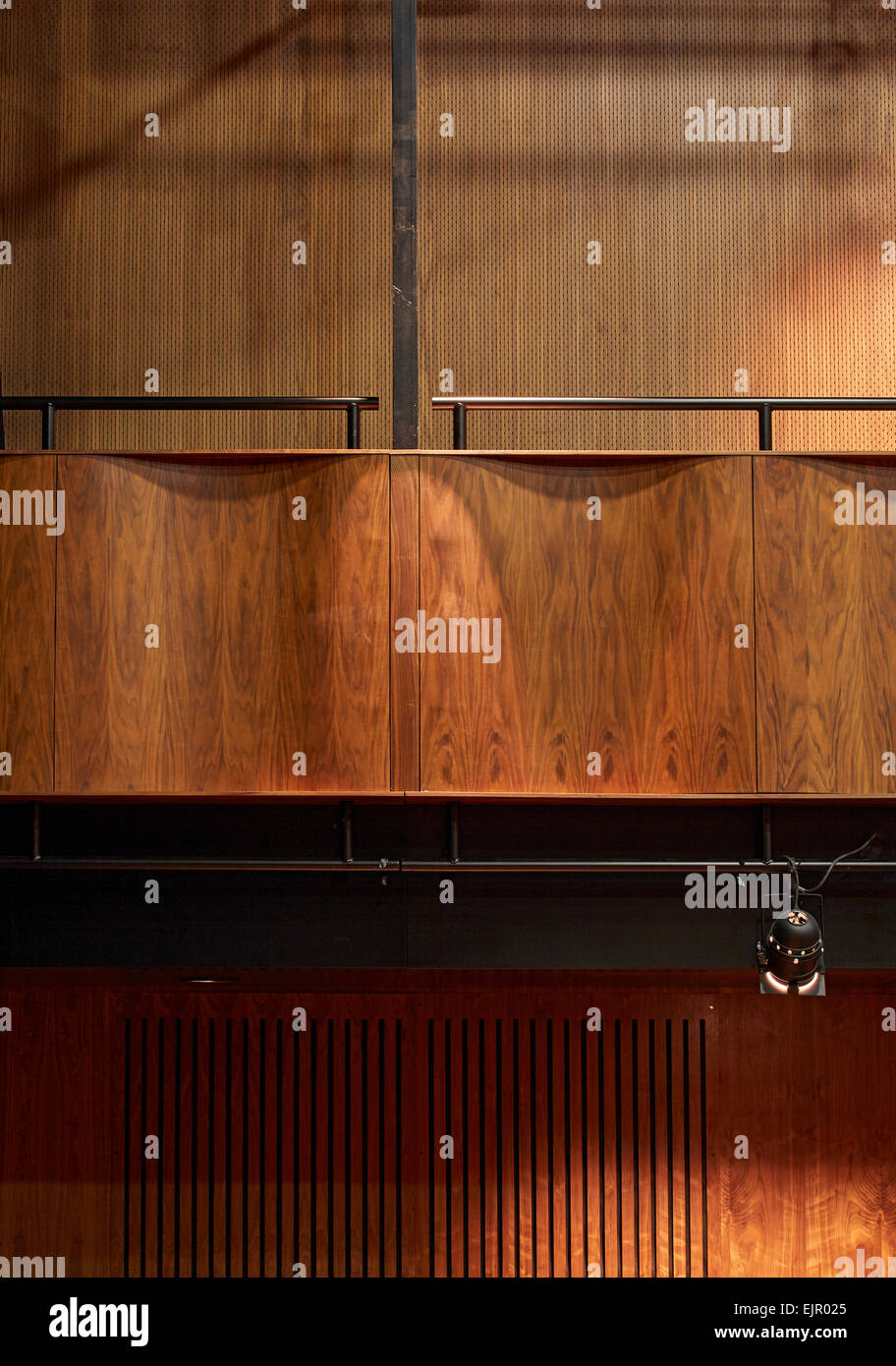 Detailed view of acoustic walnut baffle and stage lighting. Lady ...