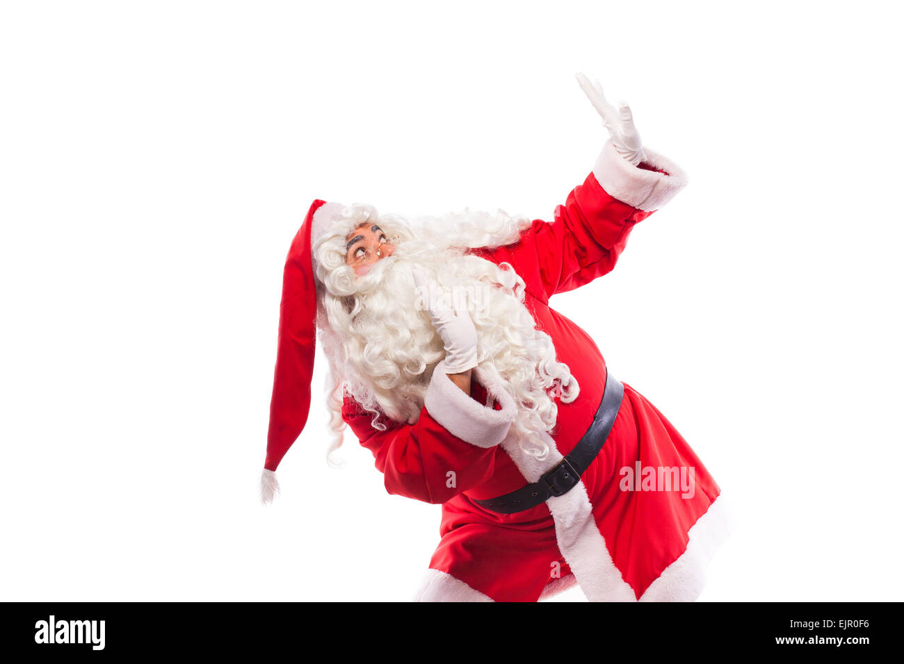 santa claus looking up and defending from something, on white ...