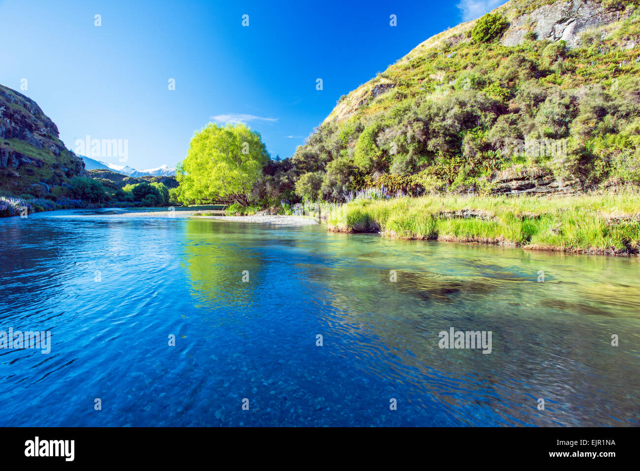 The Motatapu River in Ortago, South Island, New Zealand on a clear ...