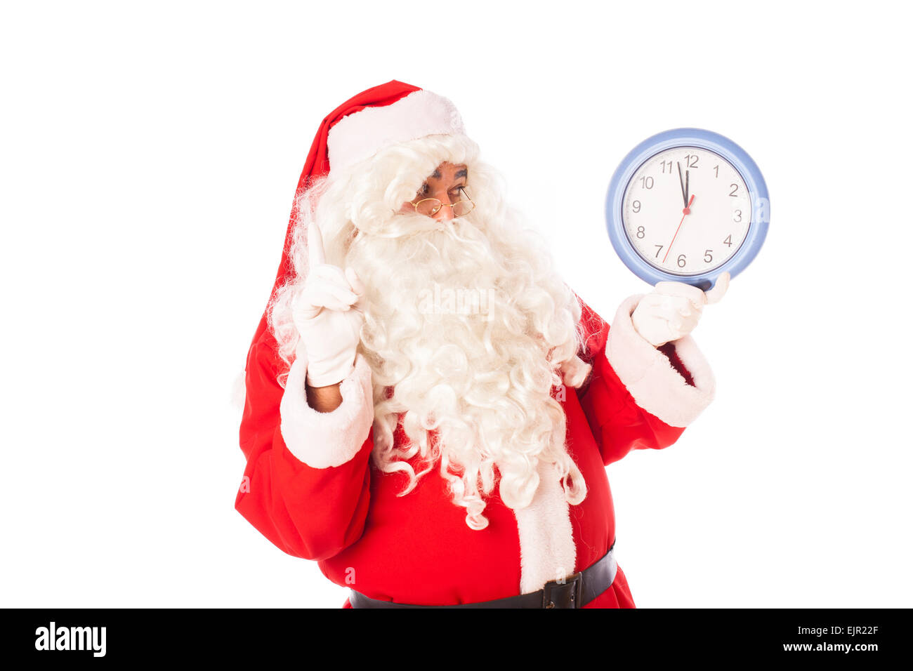 santa claus showing clock on white background Stock Photo - Alamy