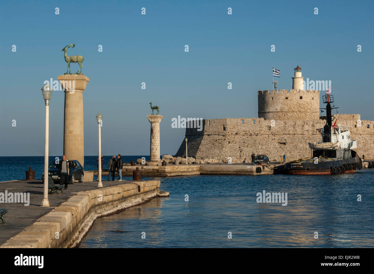 St Nicholas fort and entrance to old harbour in Rhodes, Greece Stock ...