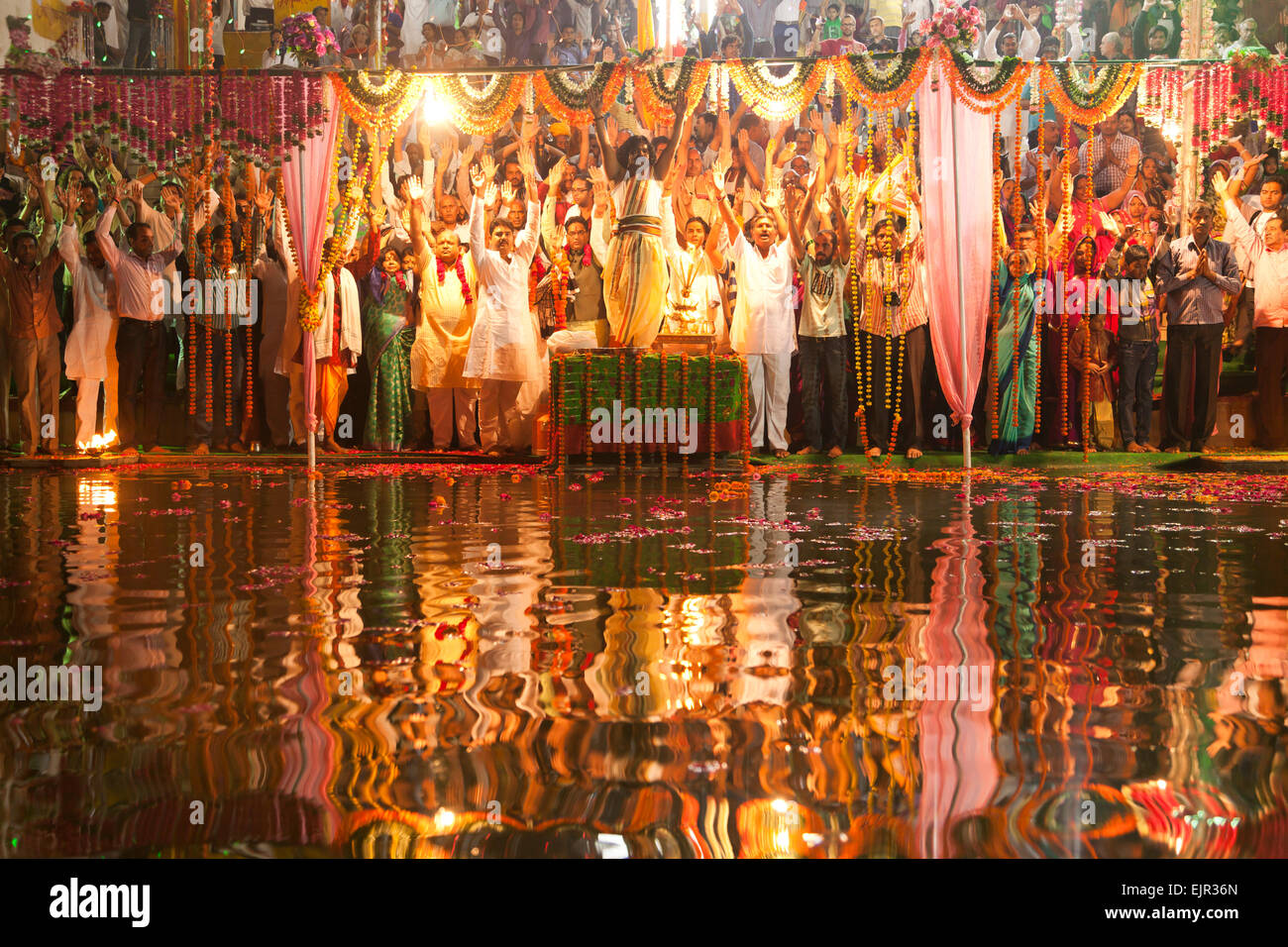 Hindu believers during a religious ceremony, Aarti and Deepdan ceremony ...