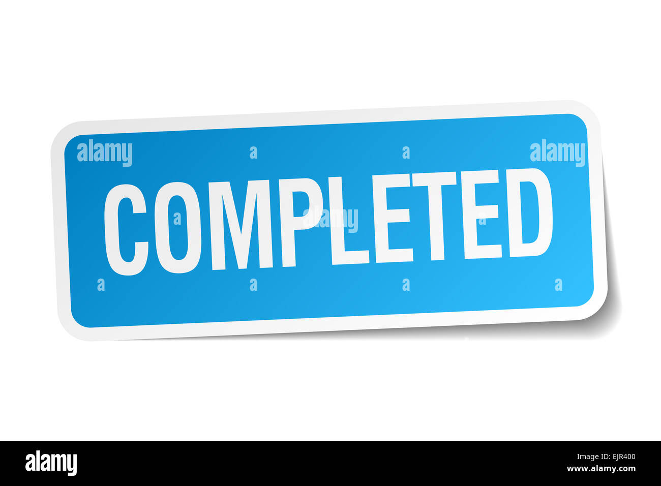 completed blue square sticker isolated on white Stock Photo - Alamy