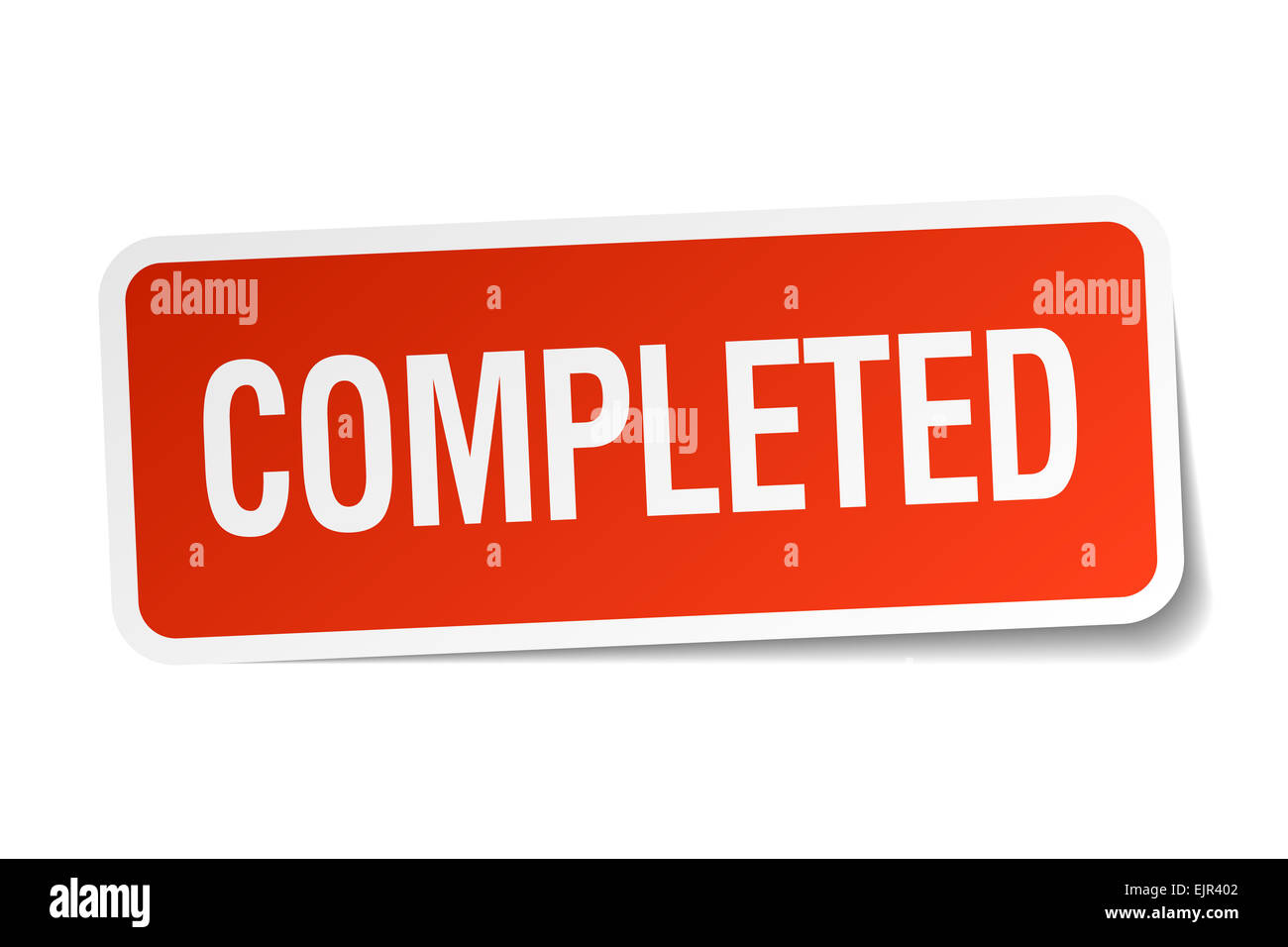 completed red square sticker isolated on white Stock Photo - Alamy