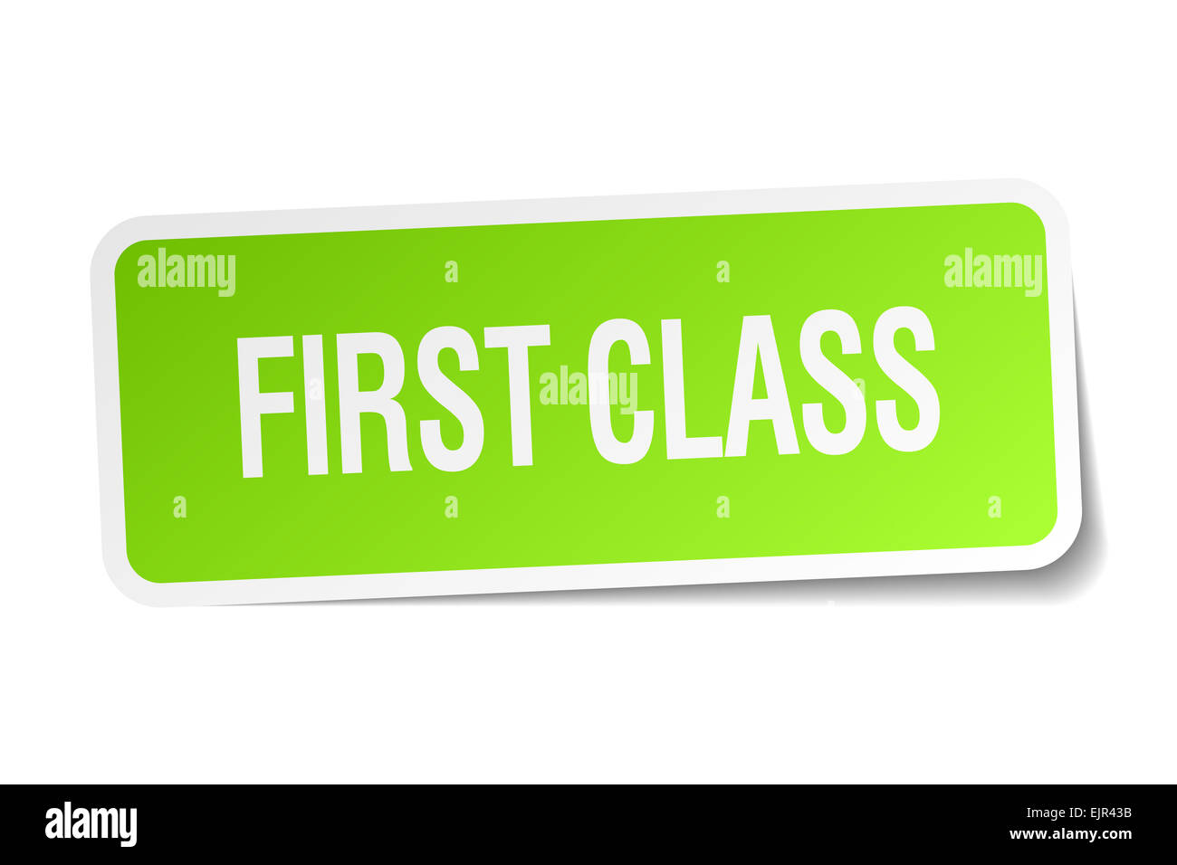 first class green square sticker on white background Stock Photo - Alamy