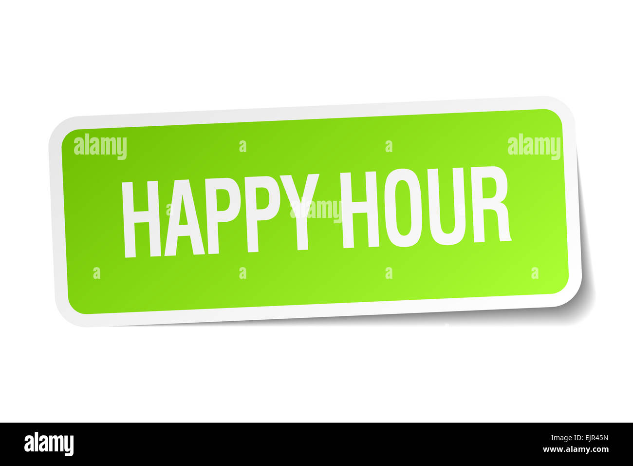 happy hour green square sticker on white background Stock Photo - Alamy