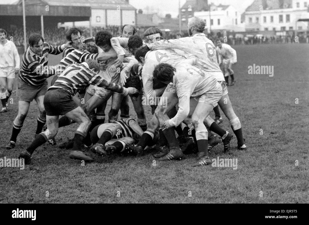 A ruck during the Gloucester v. Somerset rugby match. January 1972 72 ...