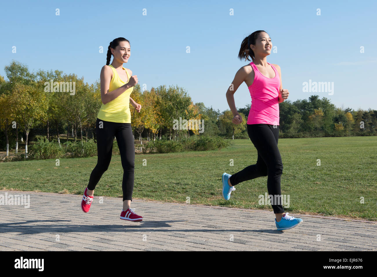 Girlfriends jogging in park Stock Photo - Alamy