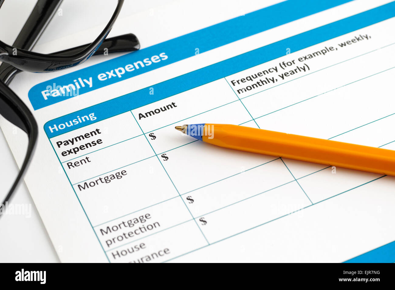 Family expenses application form with glasses and ballpoint pen Stock ...
