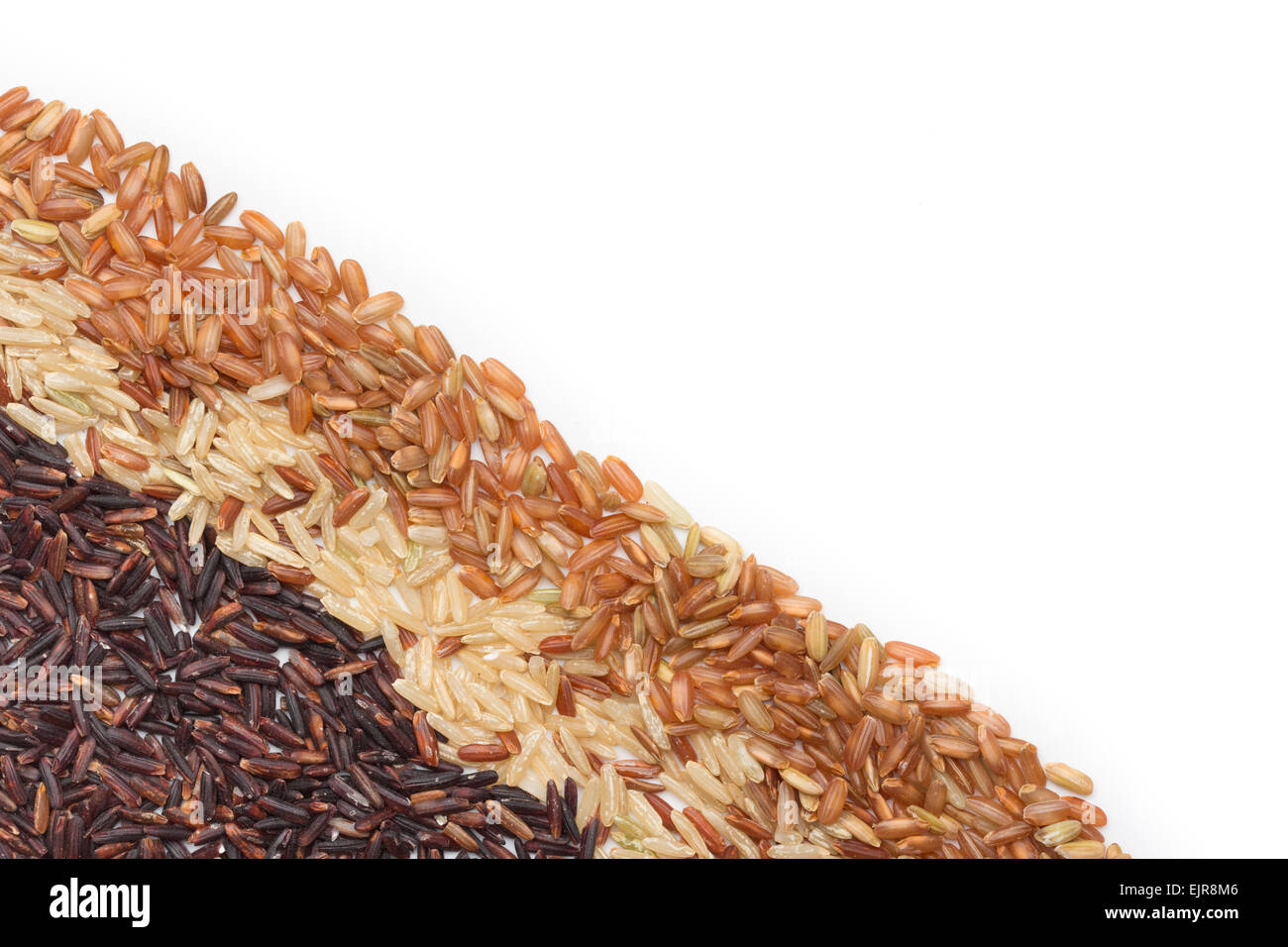 Three variety kinds of brown rice, black ,yellow and brown with copy ...