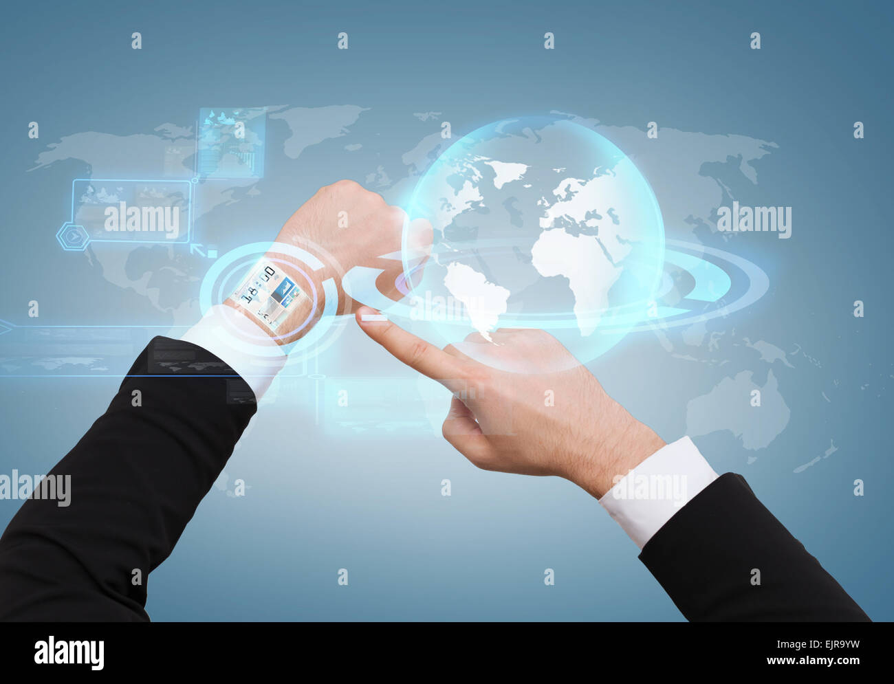 businessman pointing to virtual watch at his hand Stock Photo - Alamy