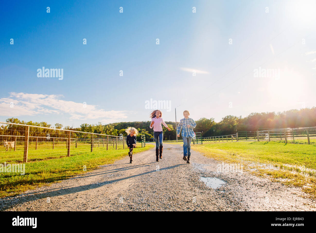Caucasian children walking on dirt road on ranch Stock Photo - Alamy