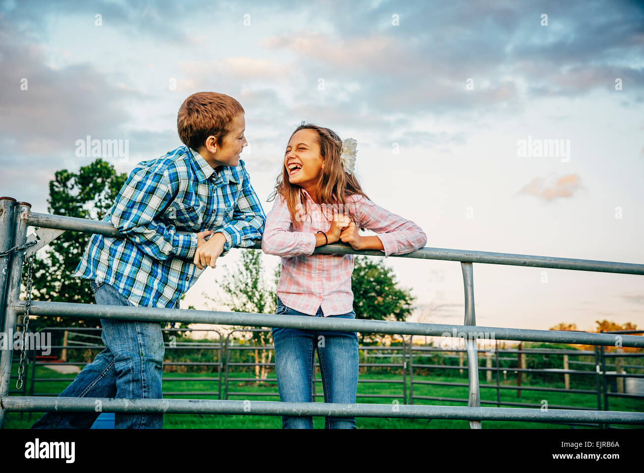Caucasian children standing on fence on farm Stock Photo - Alamy