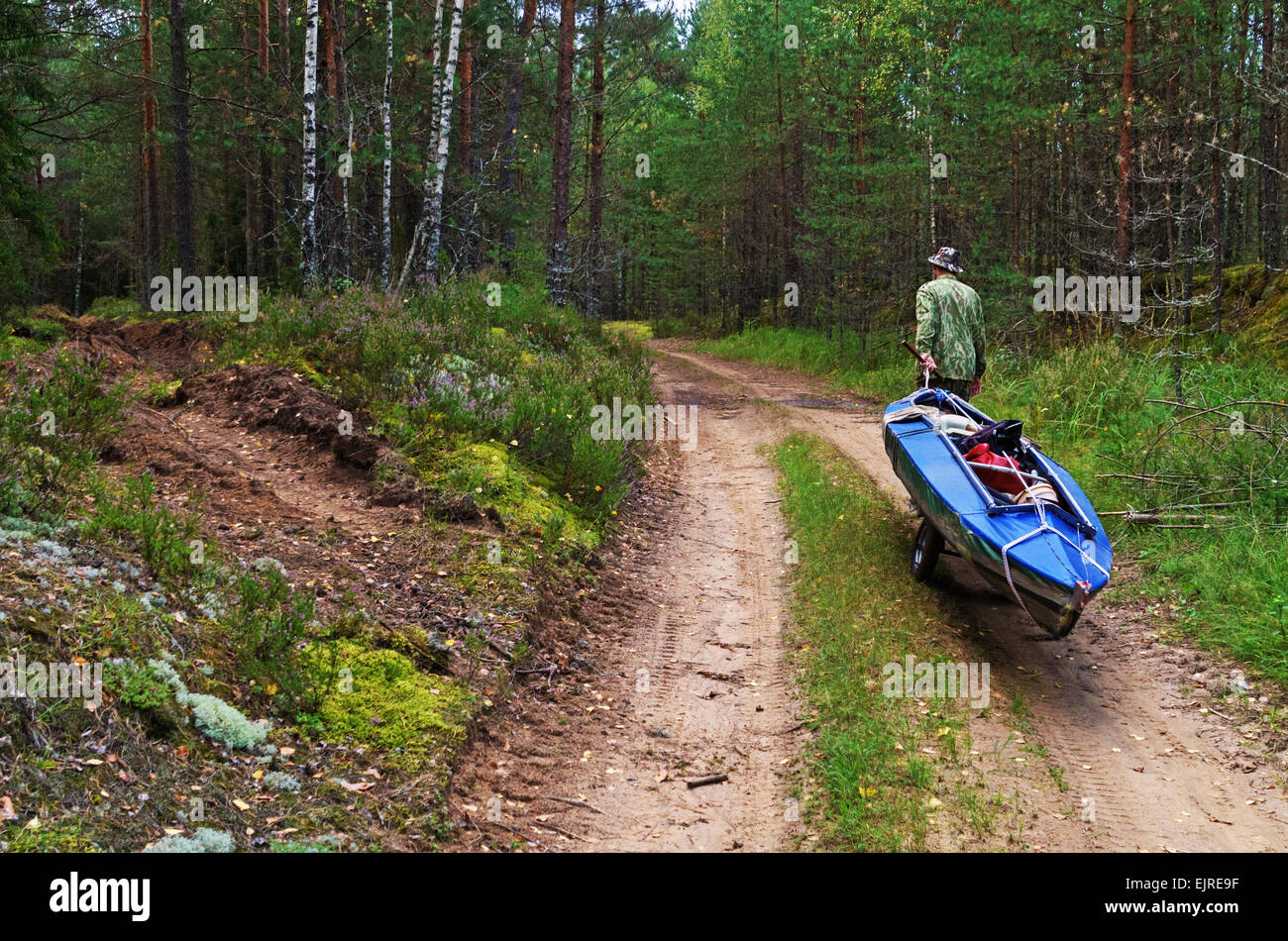 Canoe transportation on the cart on the forest road from lake to lake ...