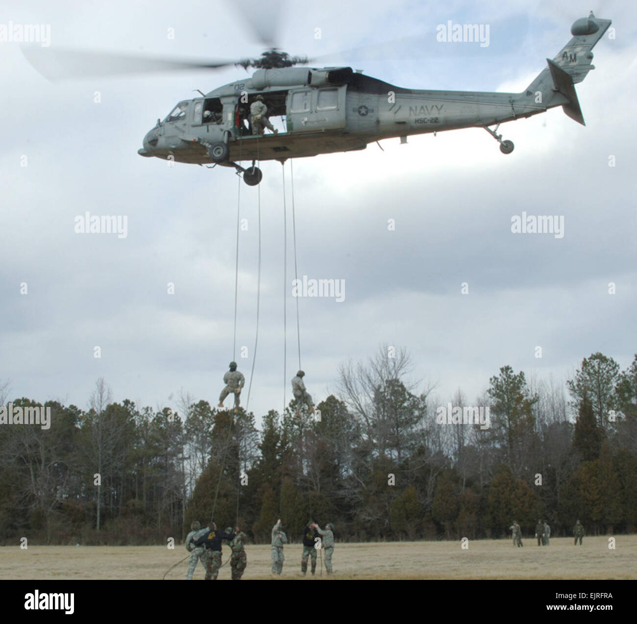 U.S. Army Soldiers rappel out of a Navy helicopter during the joint ...