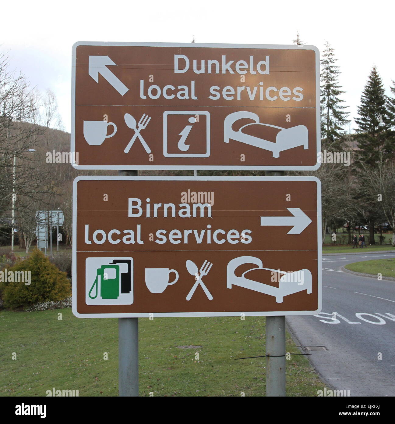 Tourism sign for Dunkeld and Birnam Scotland November 2012 Stock Photo ...